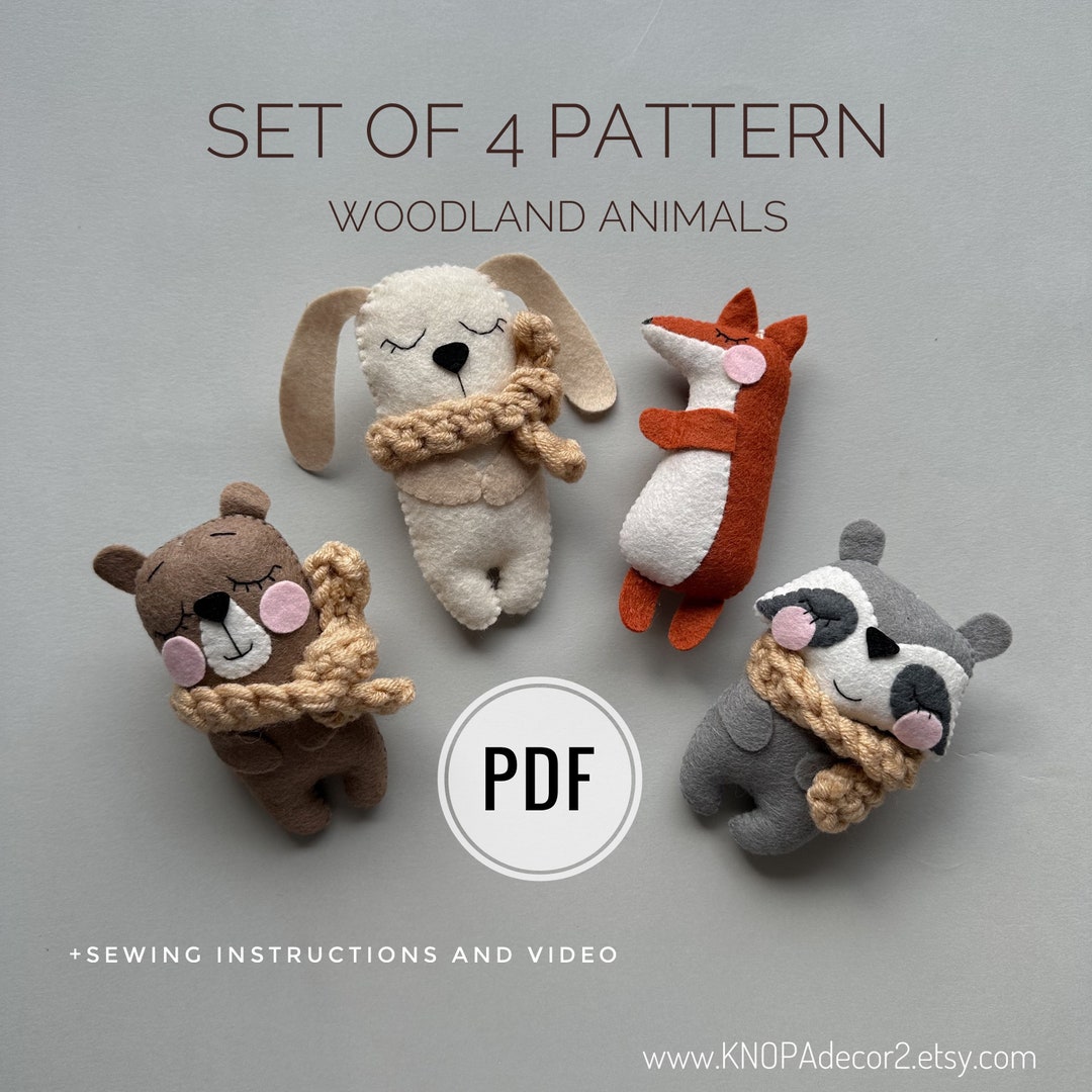 Set of 4 Pdf Pattern Woodland Animals Funny Ornaments Raccoon Plush ...