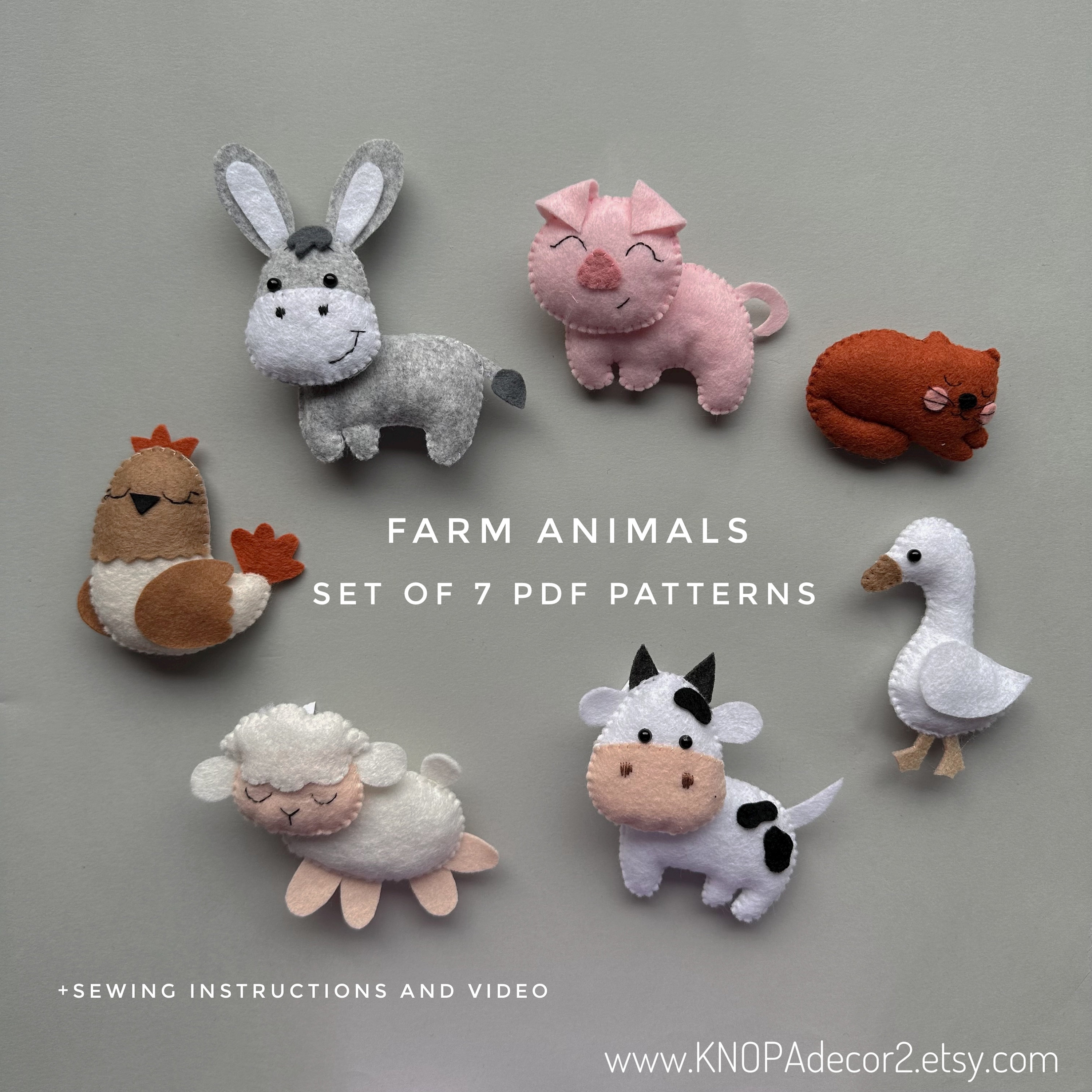 Set of 7 Pdf Farm Animals Plush Patterns Sheep Pig Chicken Goose Cat ...