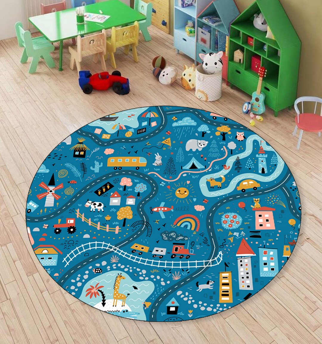 City Map Kids Playroom Rug: Educational Road & Train Design,play Mat - Etsy