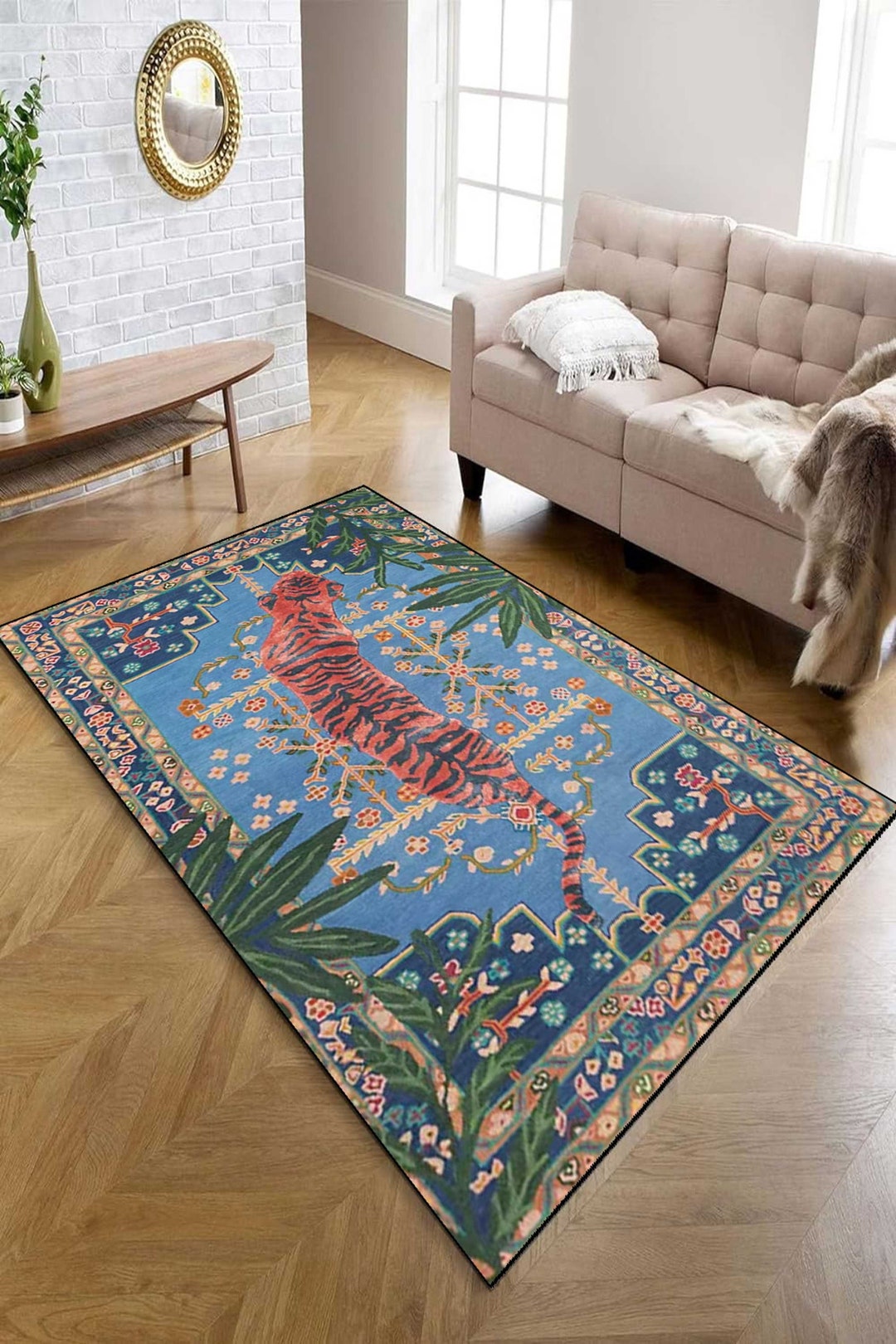 Botanical Tiger Leopard Print Rug, Rustic Wild Animal Rug, Unique Area ...