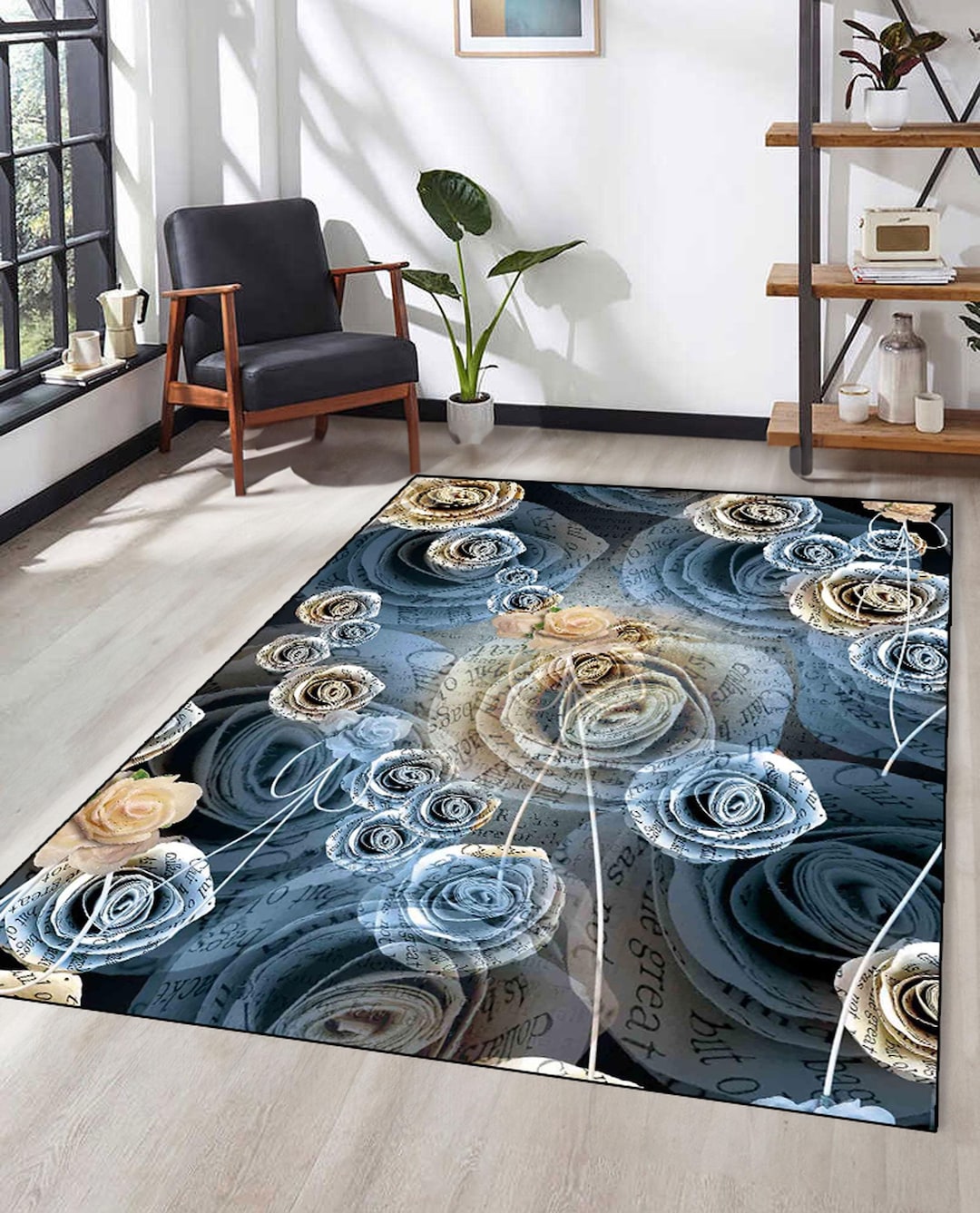 Vintage Rose Pattern Abstract Rug Elegant Floral Design With Blue and ...
