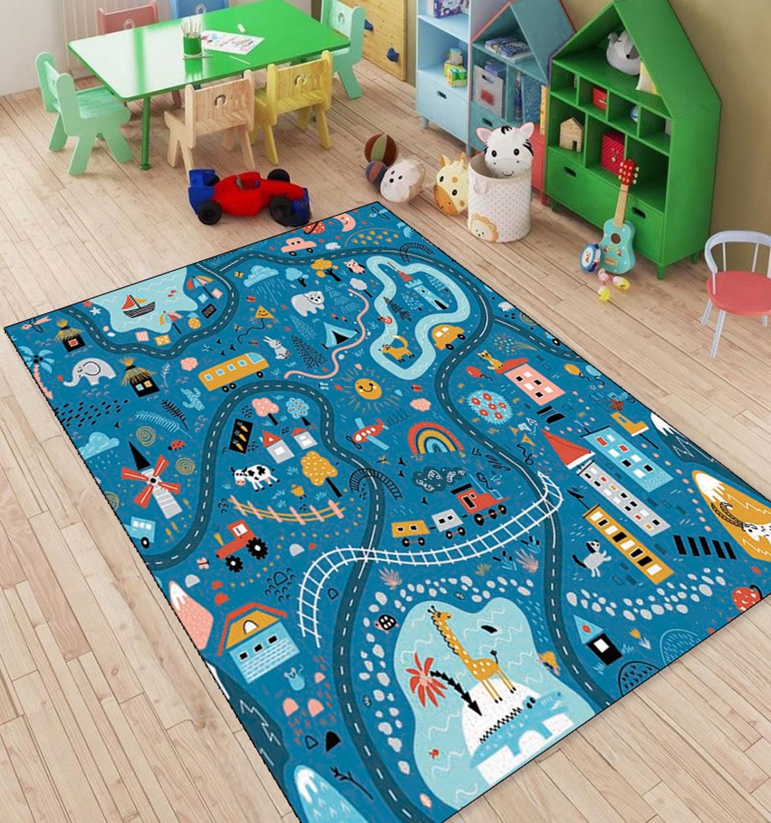 Colorful Kids Playroom Rug,fun City Map Carpet With Roads,animals ...