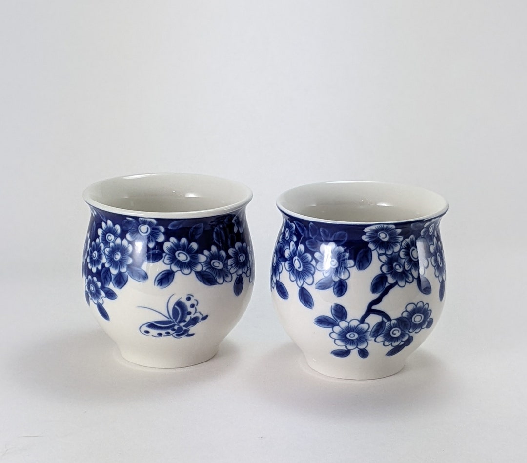 Set of Two Chinese White Blue Butterfly Double Walled Tea Cups - Etsy
