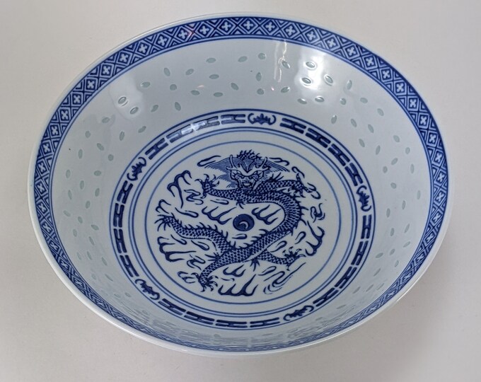 Vintage Chinese White & Blue Rice Pattern Dragon Serving Bowl - Etsy