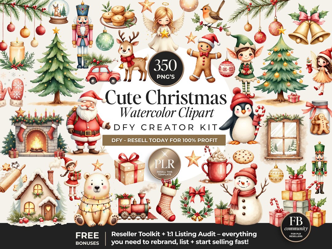 Cute Christmas Watercolor Clipart Bundle With PLR, DFY Holiday PNG ...