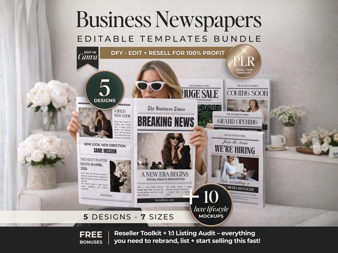 Business Newspaper Template Bundle With PLR, Custom Newspaper Canva ...