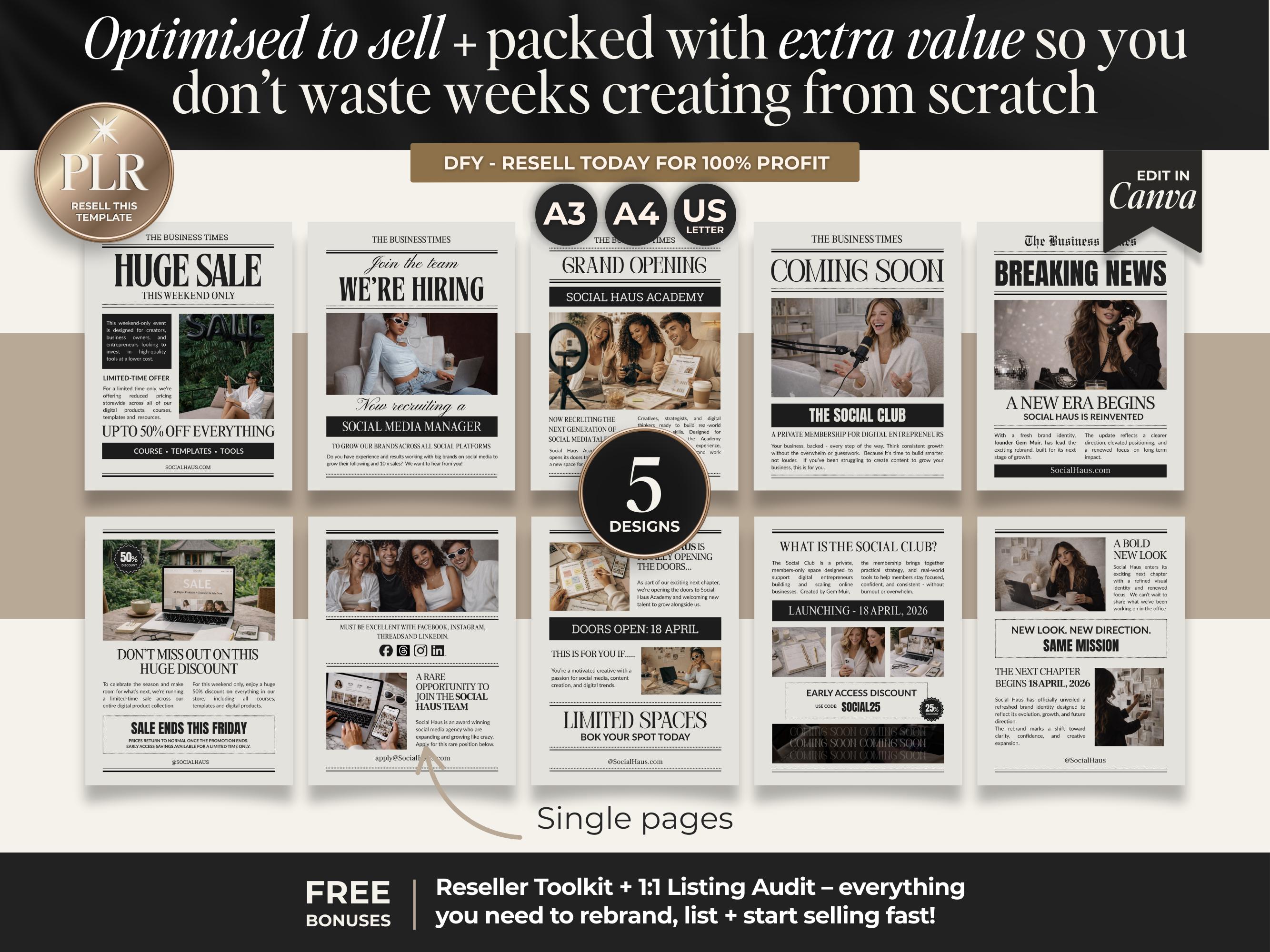 Business Newspaper Template Bundle With PLR, Custom Newspaper Canva ...