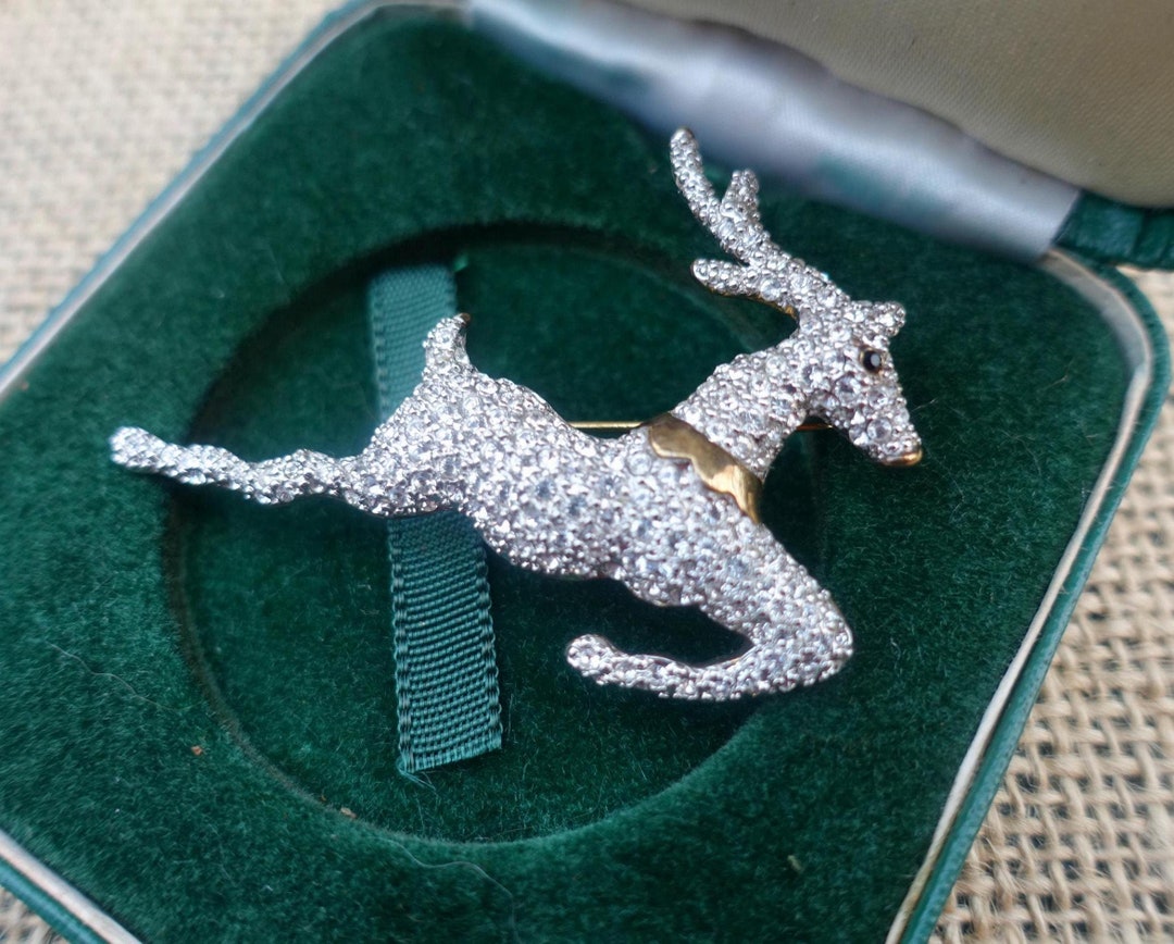 CHRISTMAS SPARKLY BROOCH / Vintage Stag Brooch / White Hart Sparkly ...