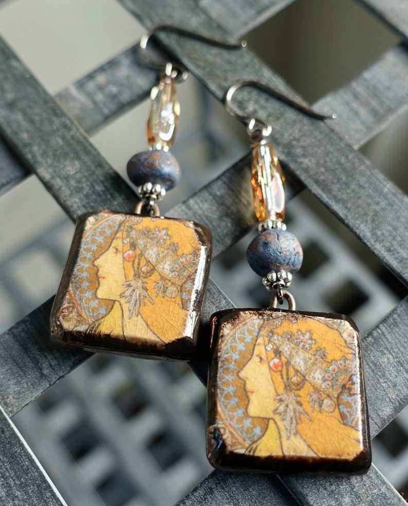 MUCHA Art Charm Earrings / Porcelain Art Charms / Elegant Mucha ...