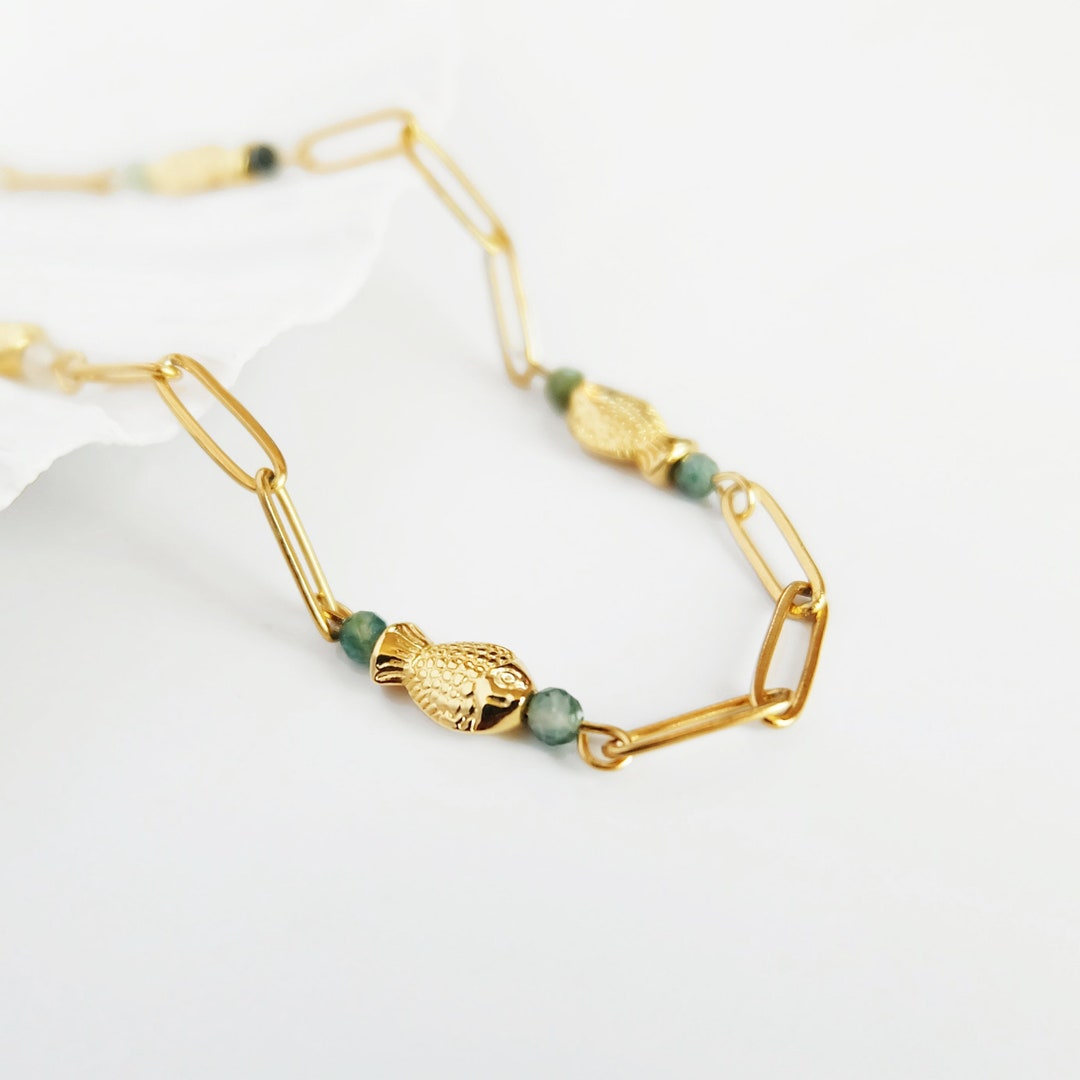 Gold Paperclip Chain Ankle Bracelet: Green Tourmaline Fish Anklet - Etsy