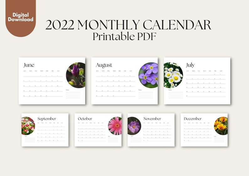 2022 Calendar, Flower Theme Calendar, Pastel Theme Calendar, Flower ...