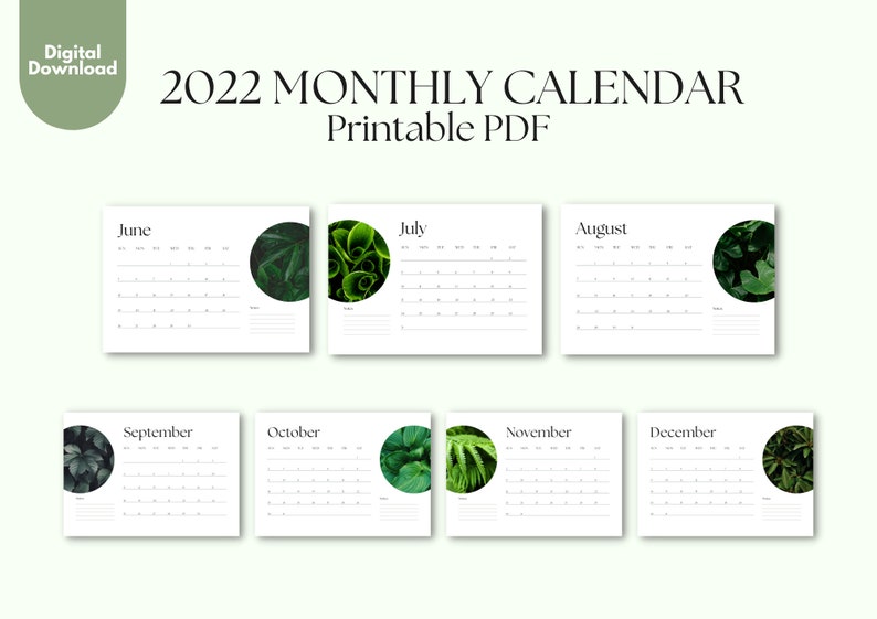 2022 Calendar, Leaves Theme Calendar, Green Theme Calendar - Etsy