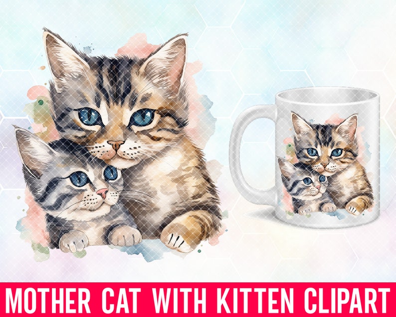 4 Cute Watercolor Floral Cat With Kittens Clipart Bundle Mothers Day ...
