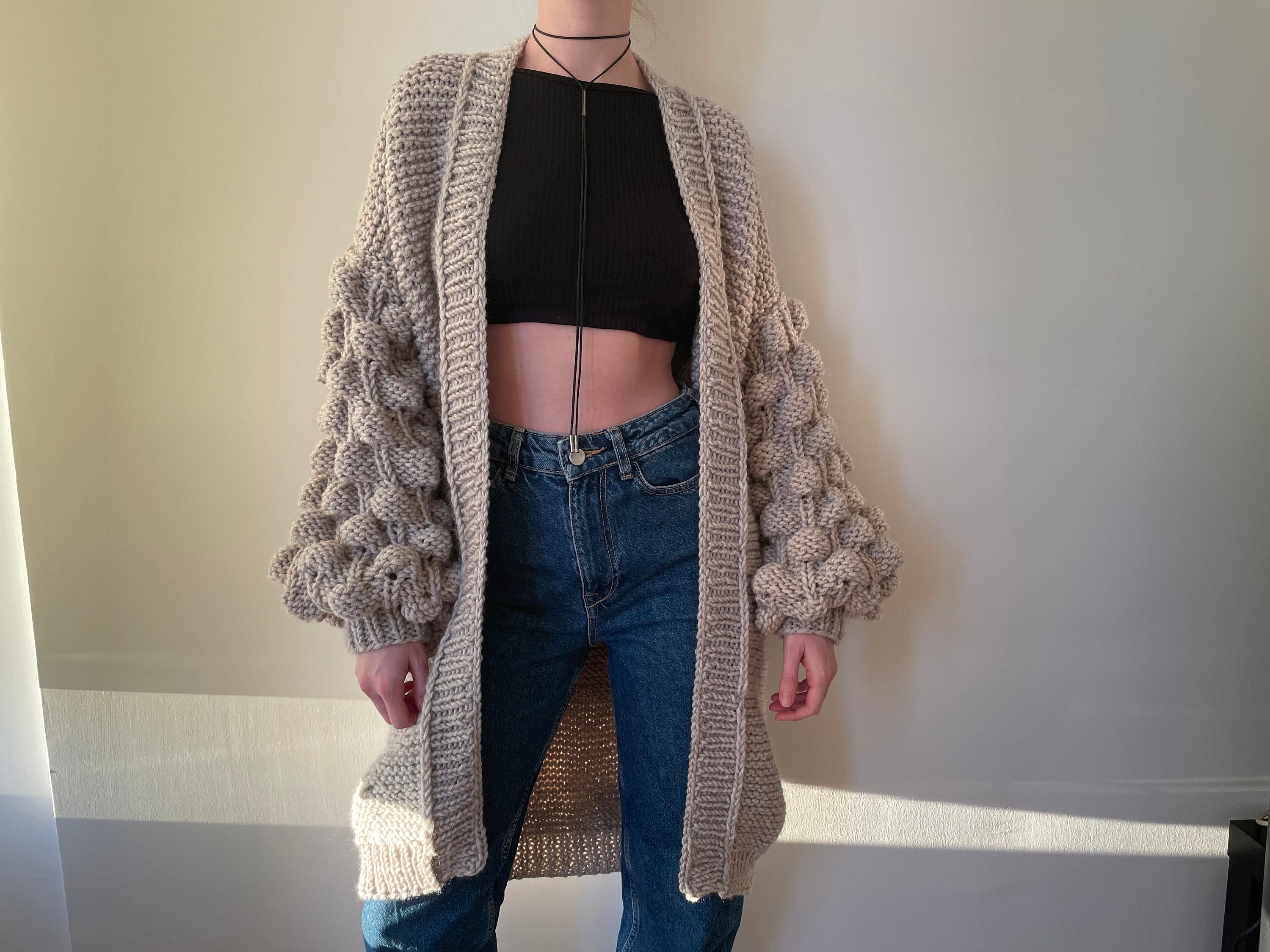 Long Balloon Sleeve Cardigan, Handmade Chunky Cardigan, Oversized Knit ...