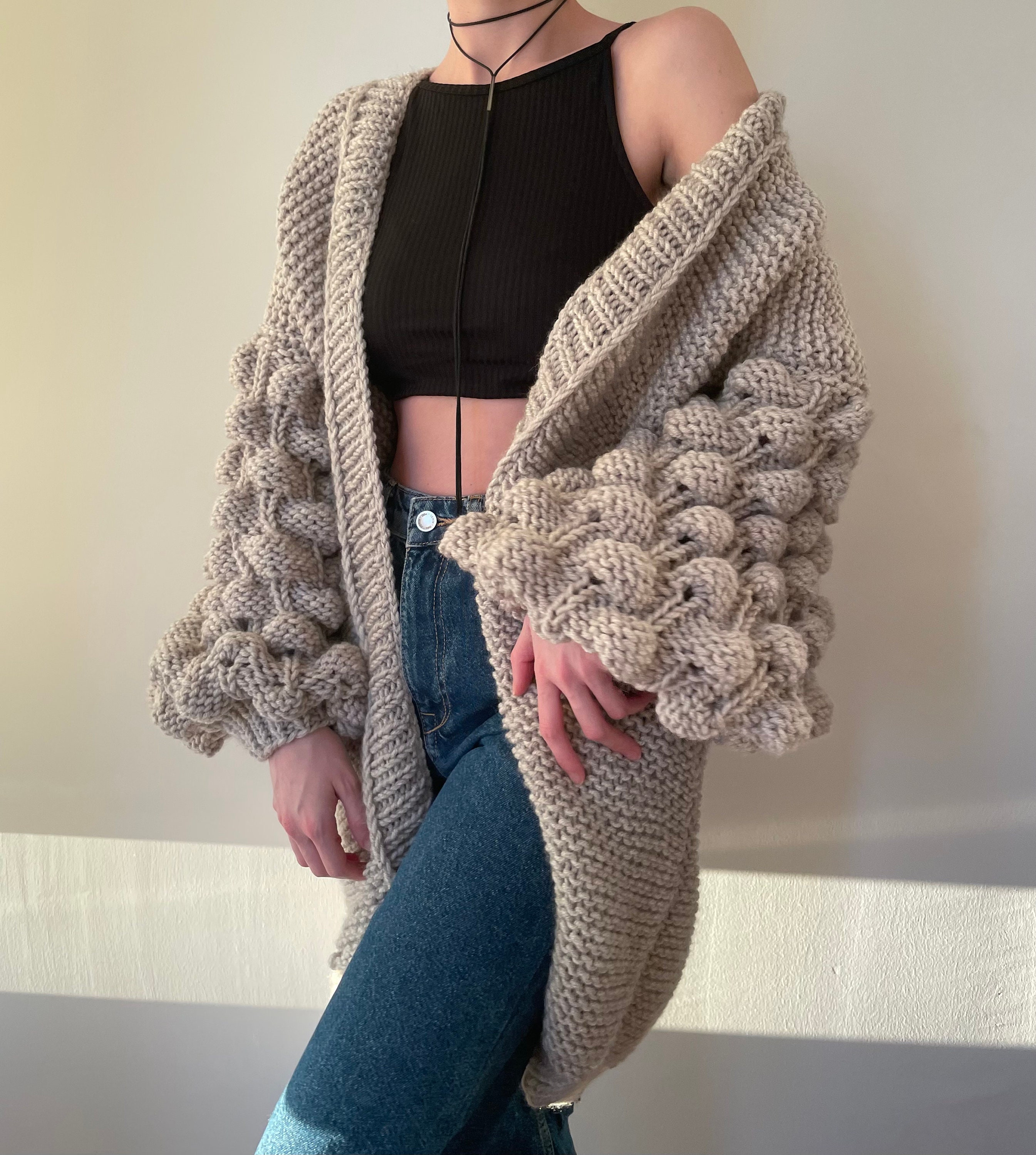 Long Balloon Sleeve Cardigan, Handmade Chunky Cardigan, Oversized Knit ...