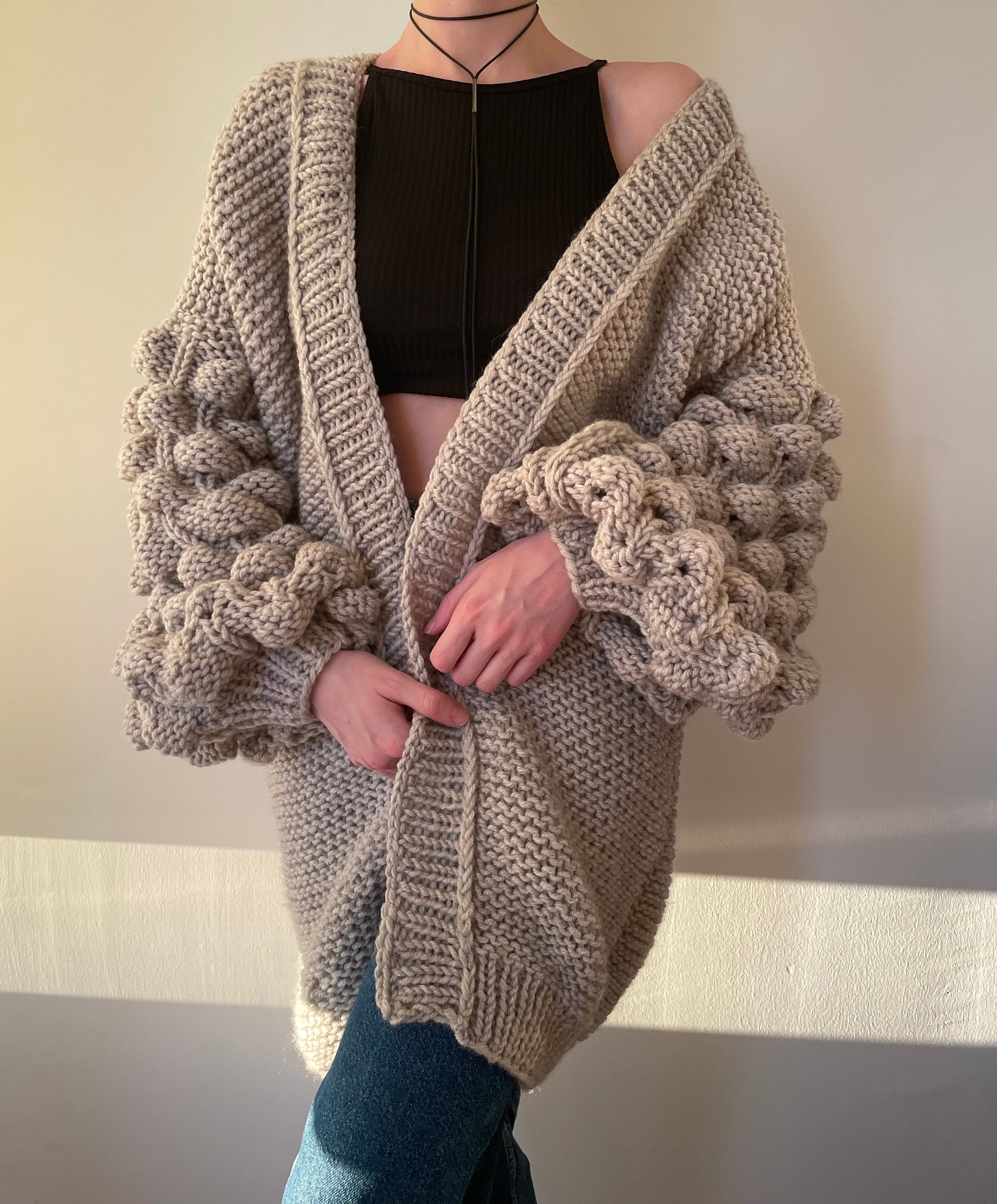 Long Balloon Sleeve Cardigan, Handmade Chunky Cardigan, Oversized Knit ...