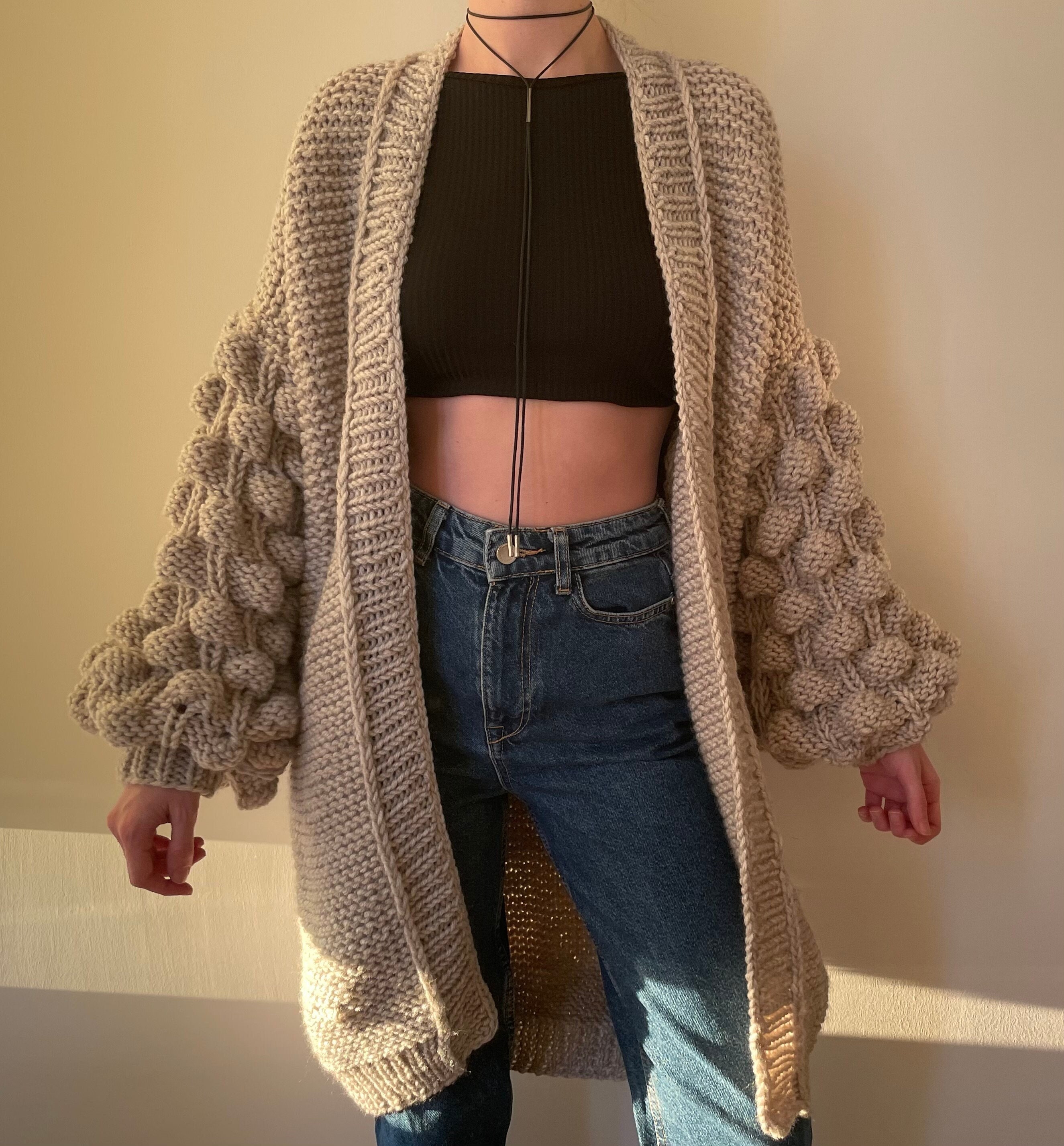 Long Balloon Sleeve Cardigan, Handmade Chunky Cardigan, Oversized Knit ...
