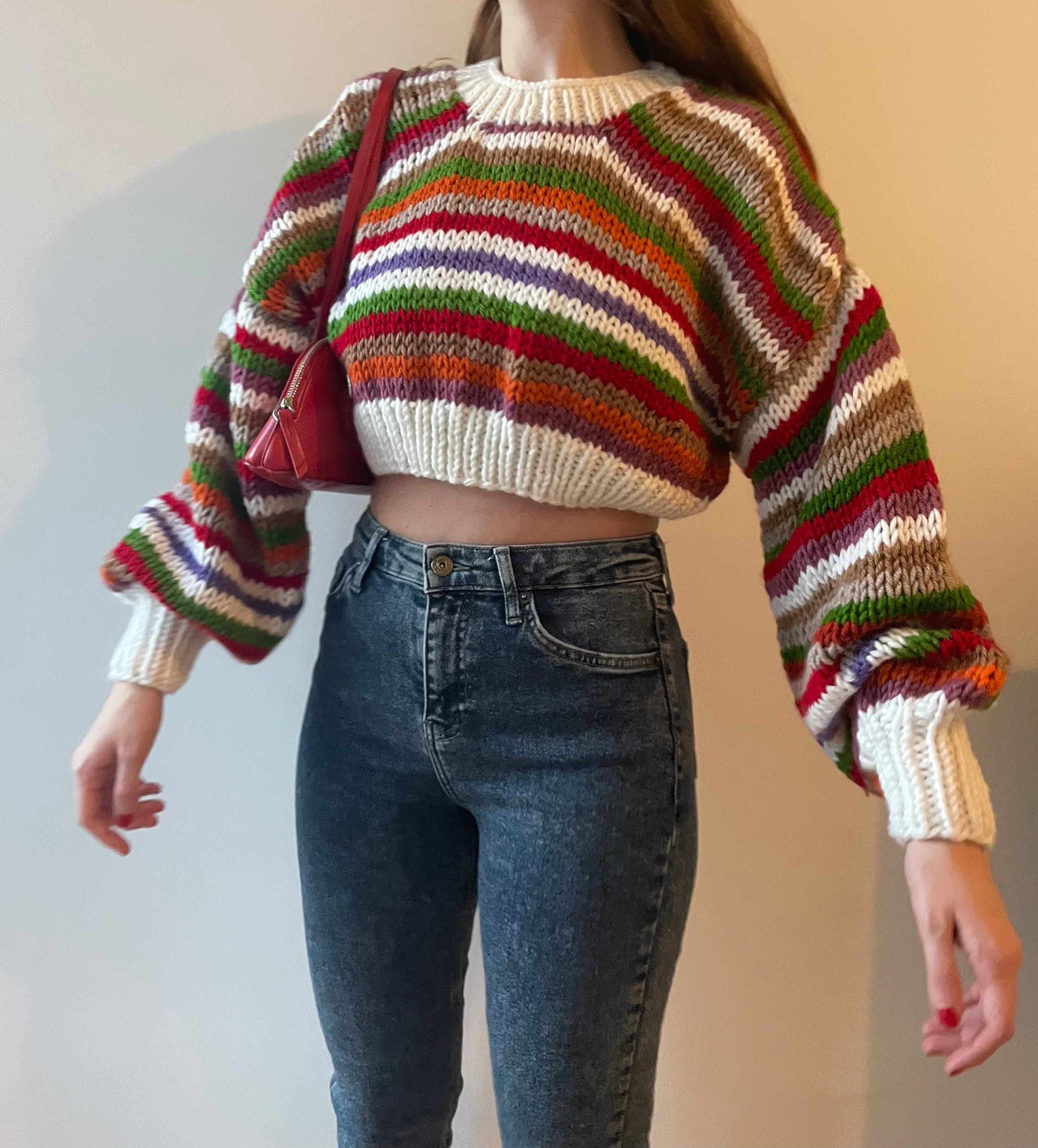 Hand Knit Cropped Sweater, Oversized Knitted Sweater, Handmade Cropped ...