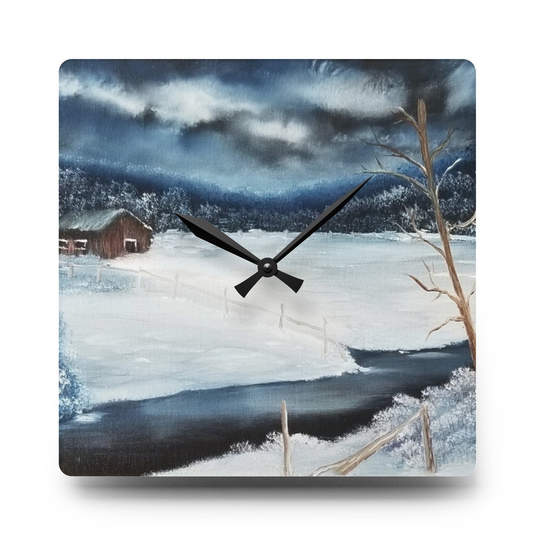 Country Red Barn, Winter Snow Landscape Artwork, Square Clock, Acrylic ...