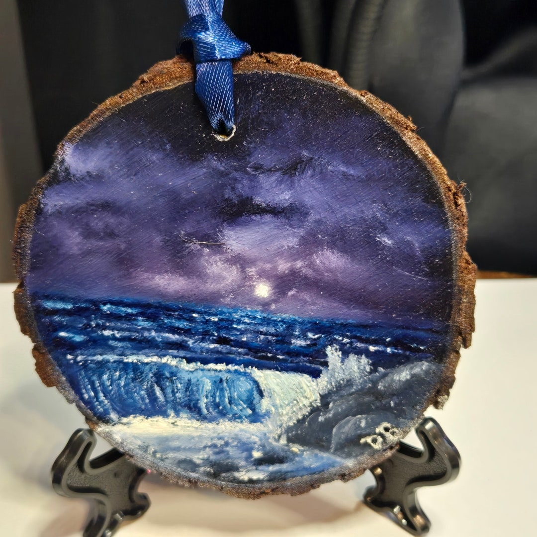 Mini Seascape Painting, Small Round Painting on Wood With Live Edge ...