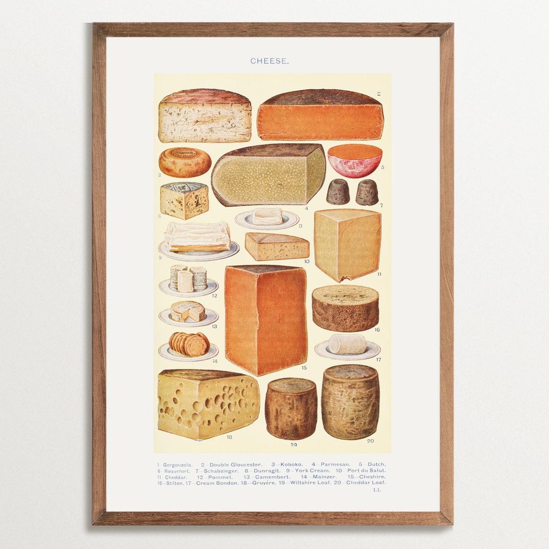 Vintage Cheese Chart Print– France Cottage Decor | Kitchen Wall Art ...