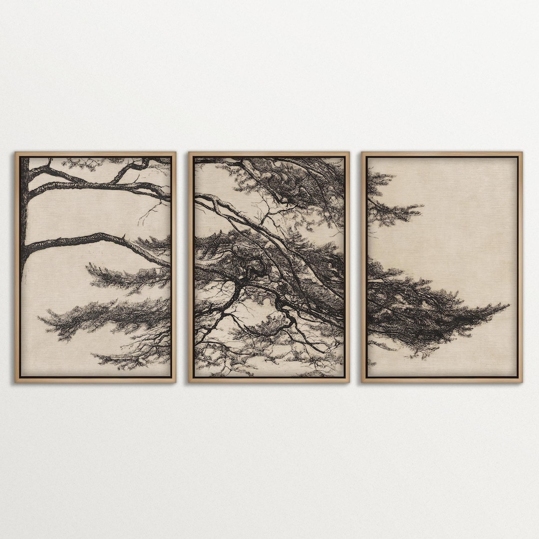 Framed Triptych Pine Tree Canvas Set, Minimalist Nature Wall Art, Wabi Sabi Japandi Home Decor ...
