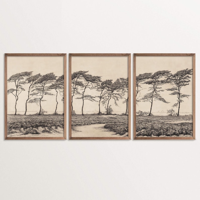 Vintage Pine Tree Etching Print Set of 3, Triptych Wall Art, Minimalist ...