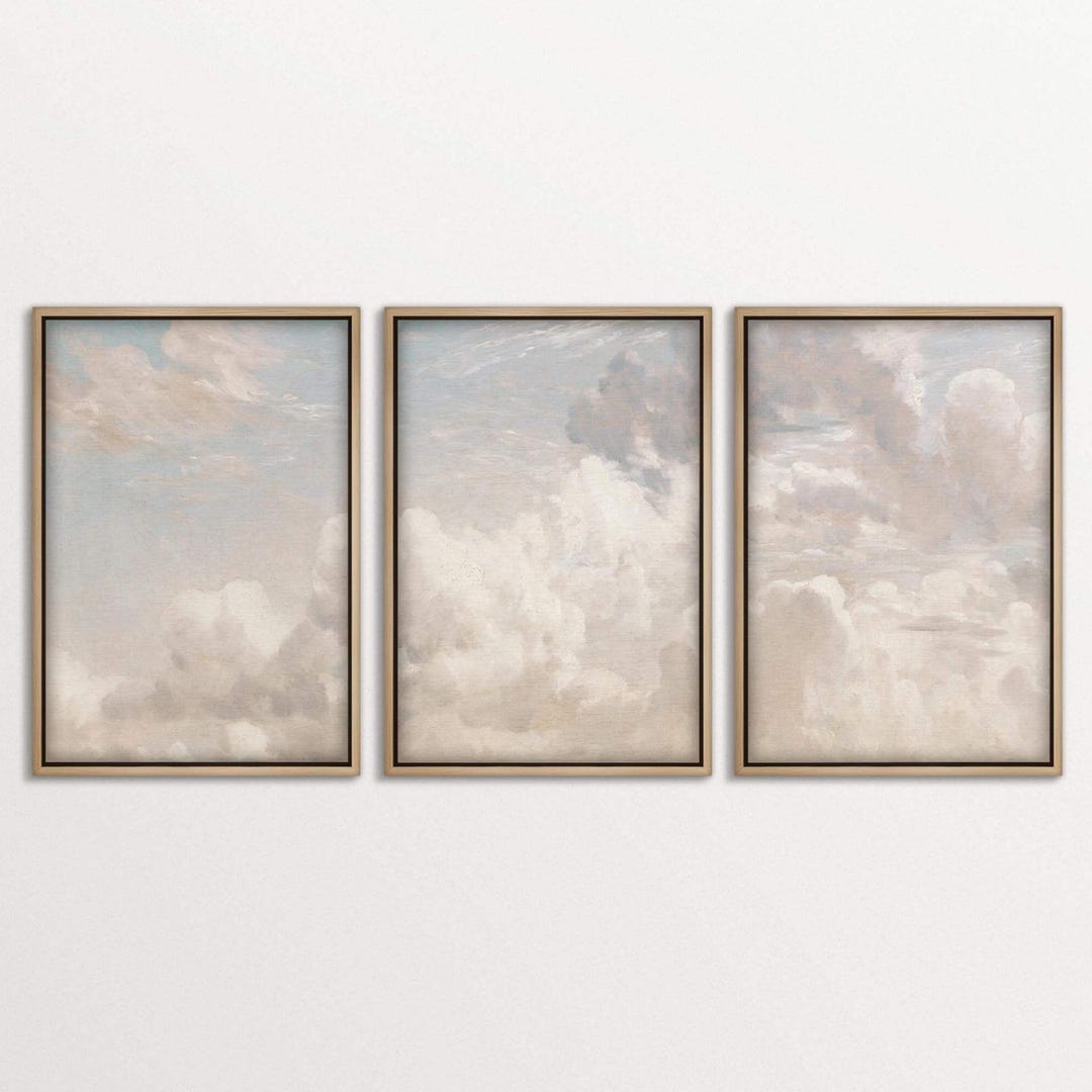 Clouds Triptych Canvas Prints, Serene Sky Wall Art, Elegant Nature Home ...
