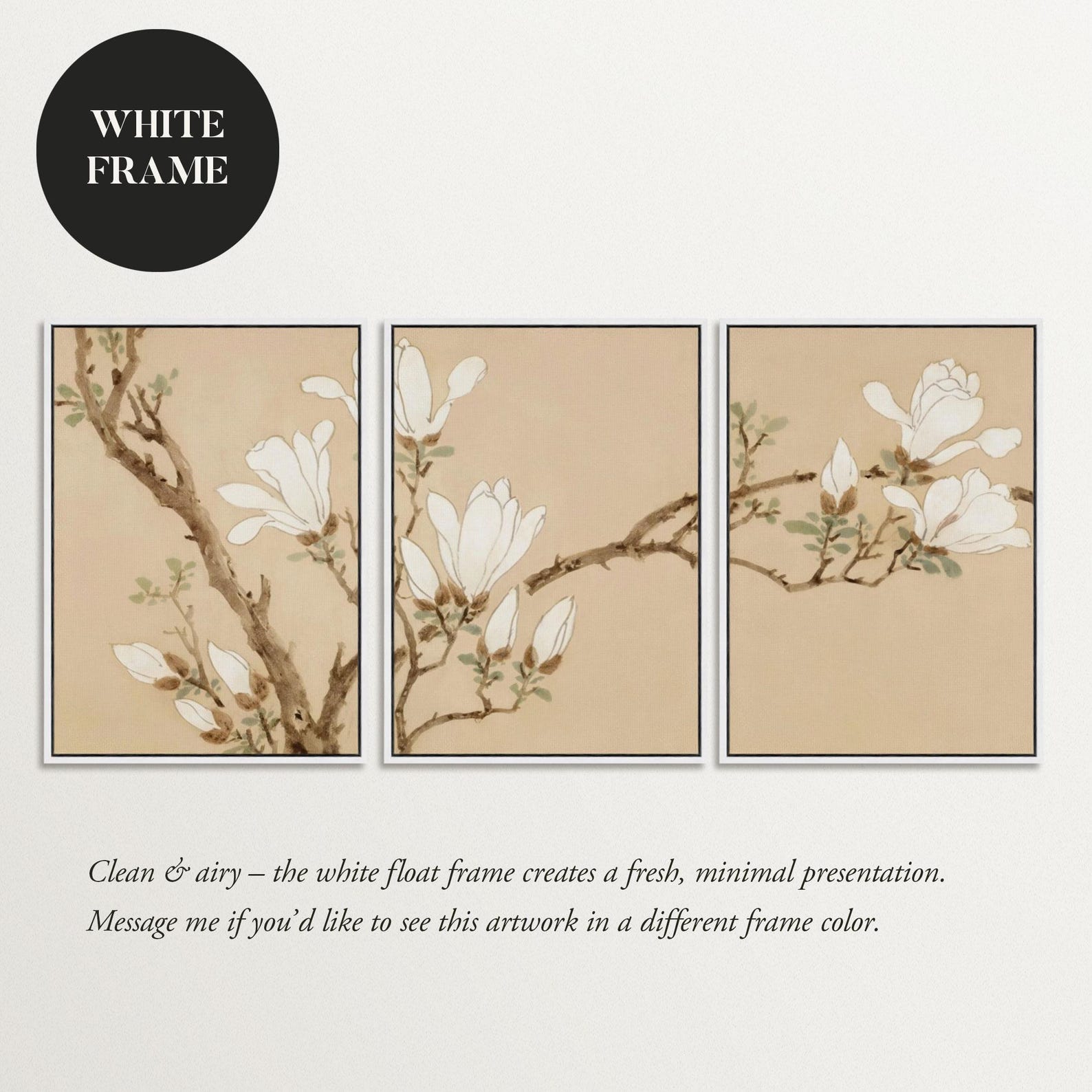Magnolia Blossom Framed Canvas Triptych – Elegant Asian-inspired Wall ...