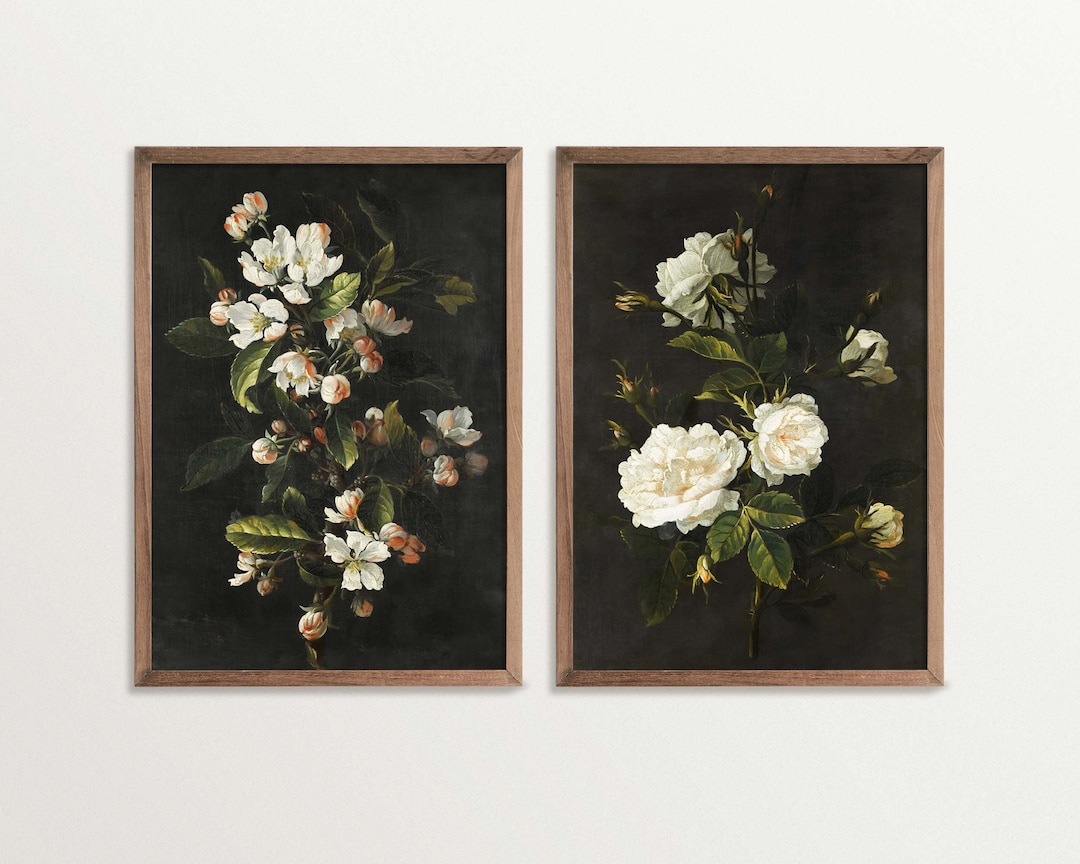Dark Botanical Print Set of Two Prints | Moody Floral Print, Dark ...