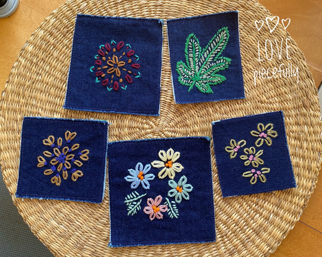Hand Embroidered Patchwork, 70's Retro Style Stitched Denim Patch ...