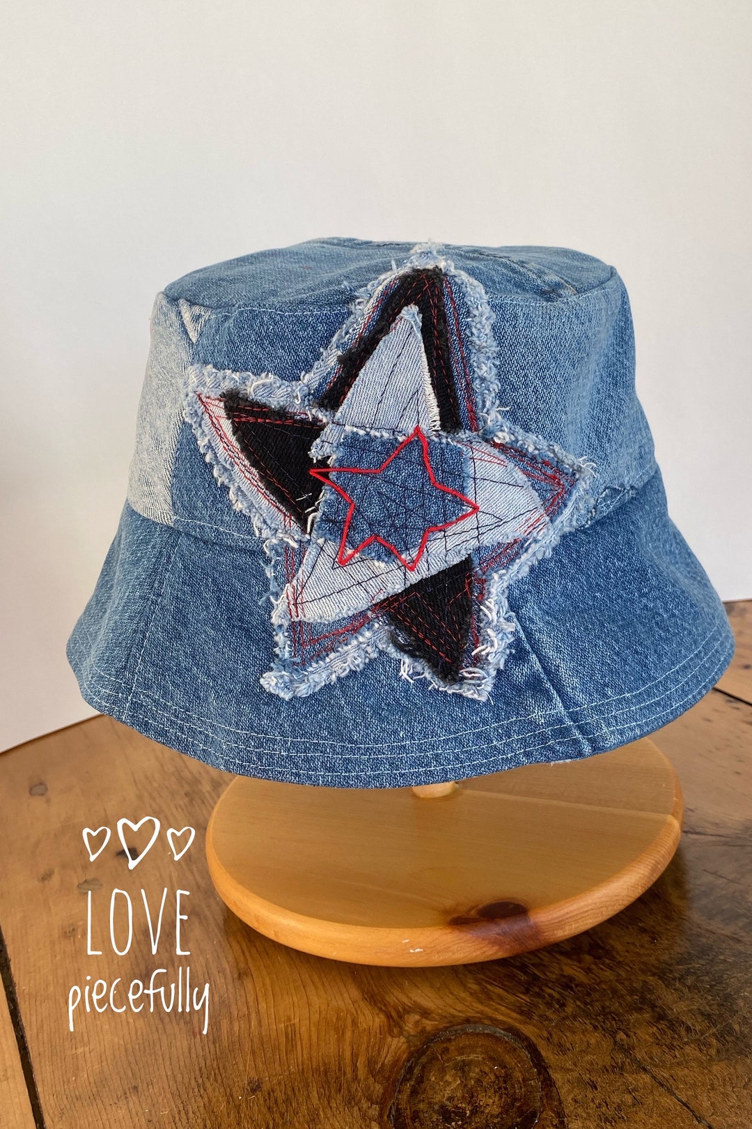 Bucket Hat XL, With Unique Star Patch, Reclaimed Jeans, Hand ...