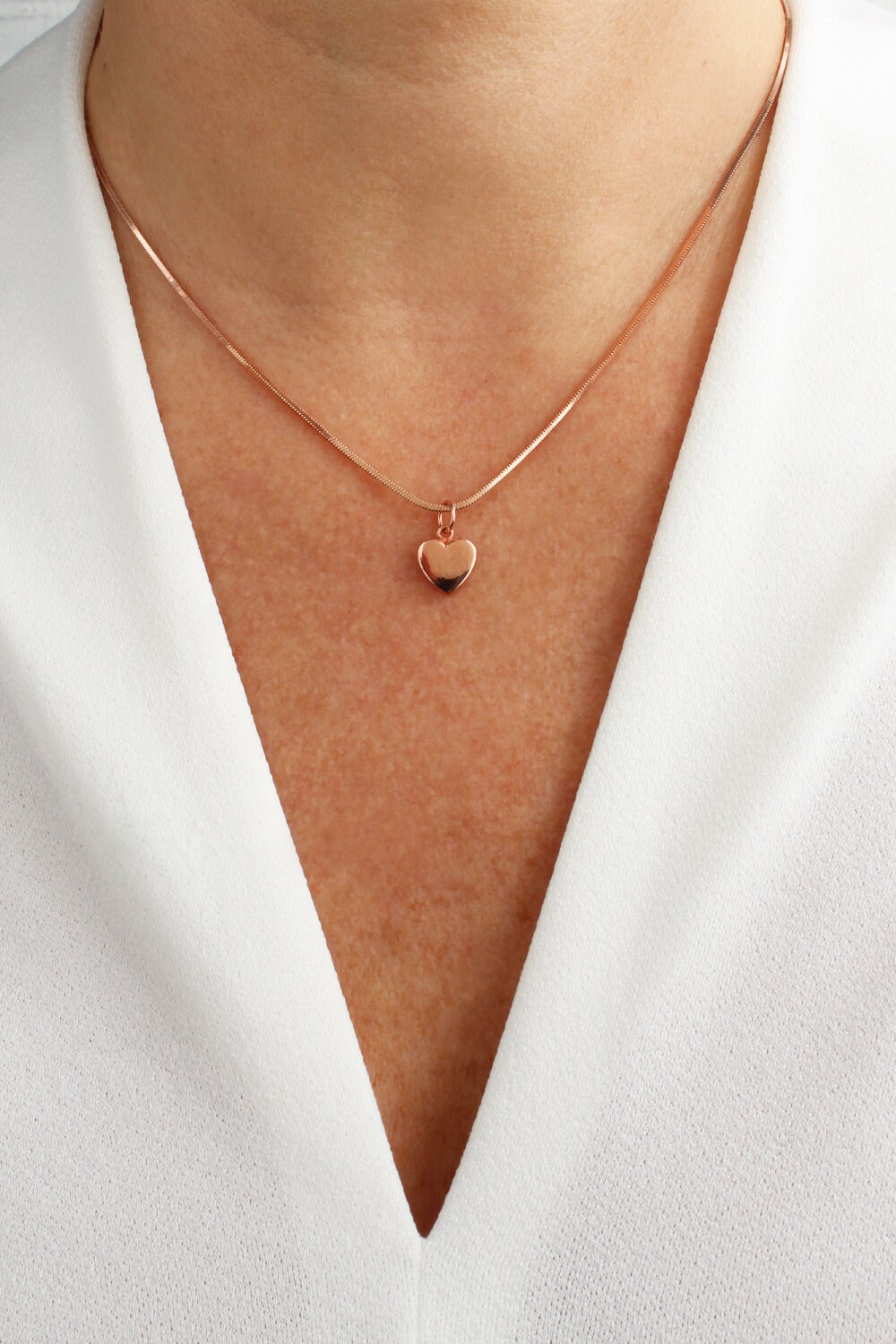 Rose Gold Snake Chain Necklace With Rose Gold Heart, Rose Gold Snake ...