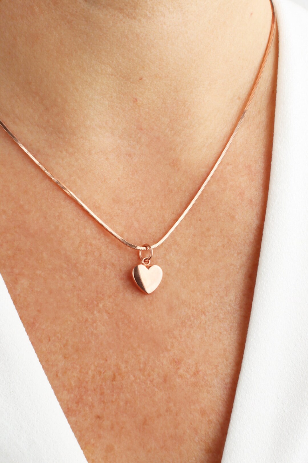 Rose Gold Snake Chain Necklace With Rose Gold Heart, Rose Gold Snake ...