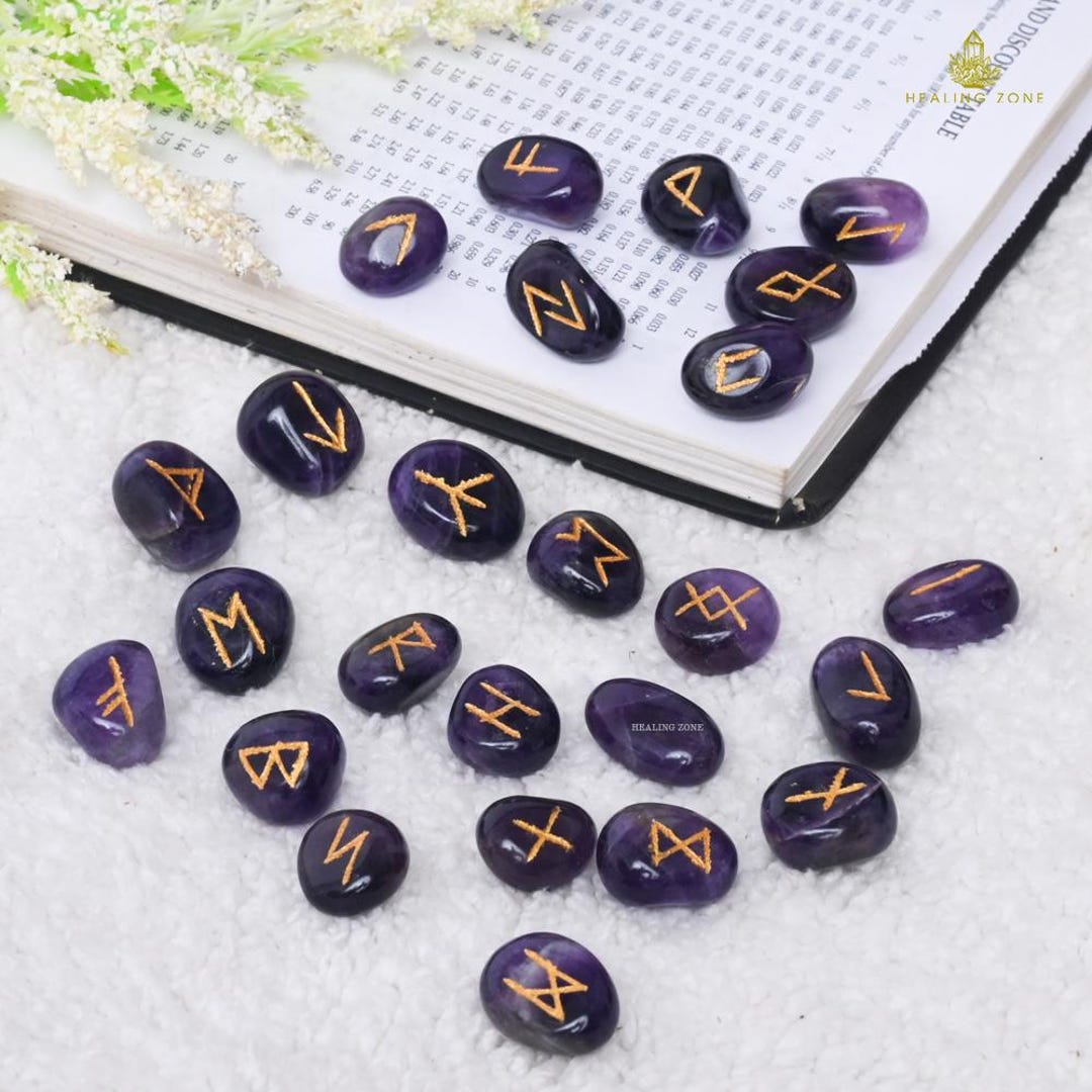 Amethyst Rune Stone Set Crystal Rune Set With Velvet Pouch Intuition ...