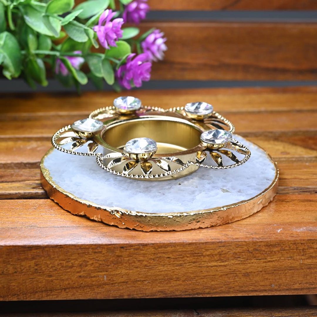 Handcrafted Natural White Gold Electroplated Agate Coaster Tealight ...