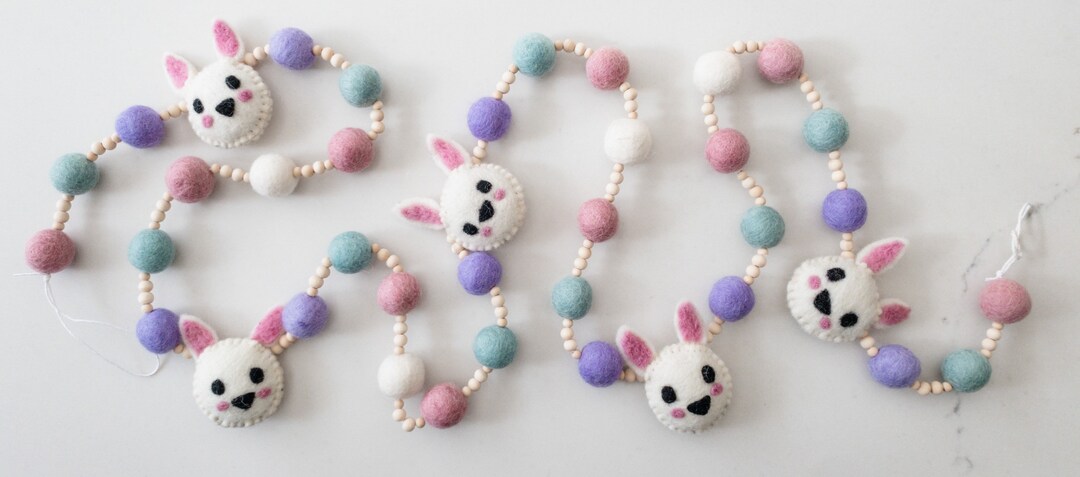 Bunny Rabbit Felt Ball and Wood Bead Garland, Light Blue/pink/lavender ...
