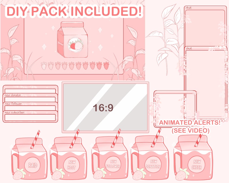 ANIMATED Twitch Bundle Strawberry Milk Theme Pastel Twitch Overlay ...