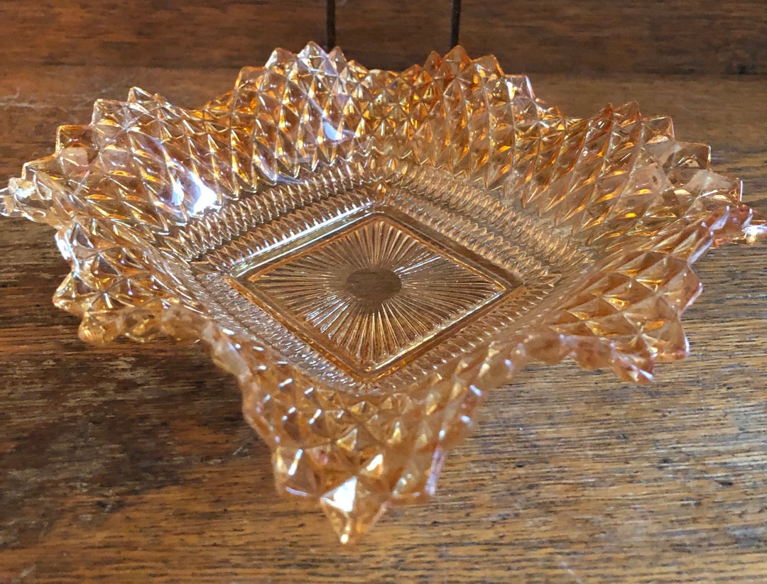 Indiana Glass Amber Diamond Point Square Dish With Ruffled Edge - Etsy