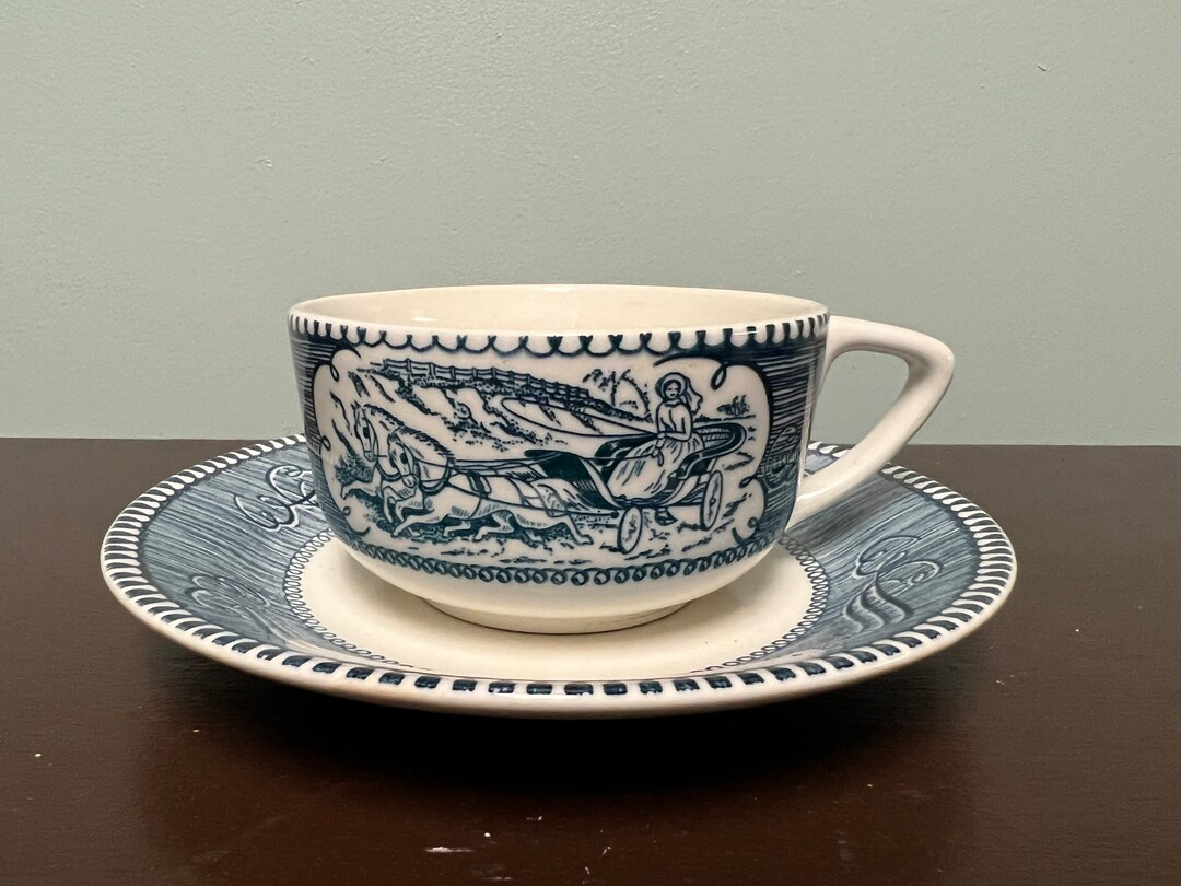 Vintage Currier & Ives Blue by Royal Teacup and Saucer Steamboat Saucer ...