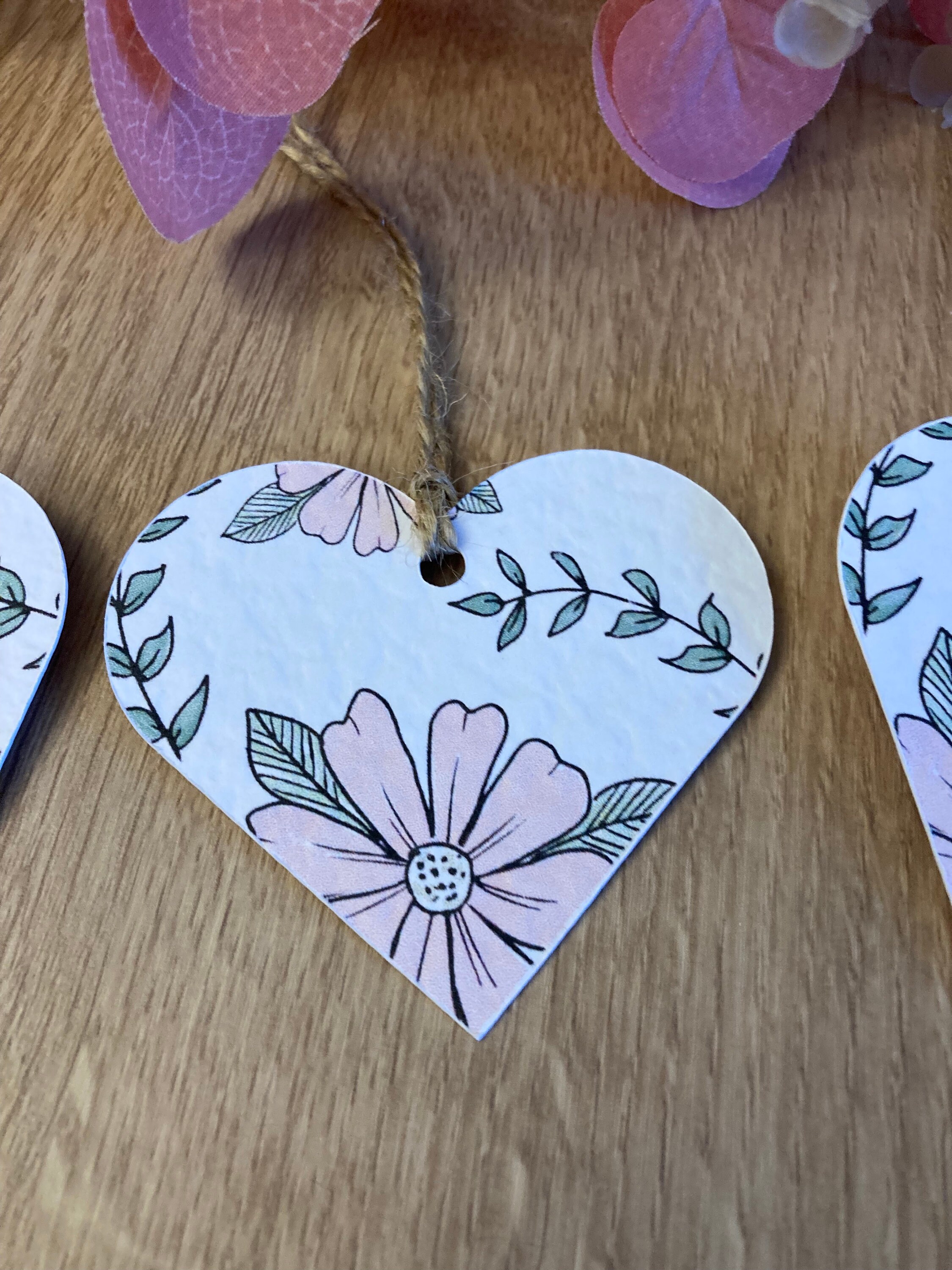 Pink Flower Heart Gift Tags With Jute String/ Present Labels/ Birthday ...