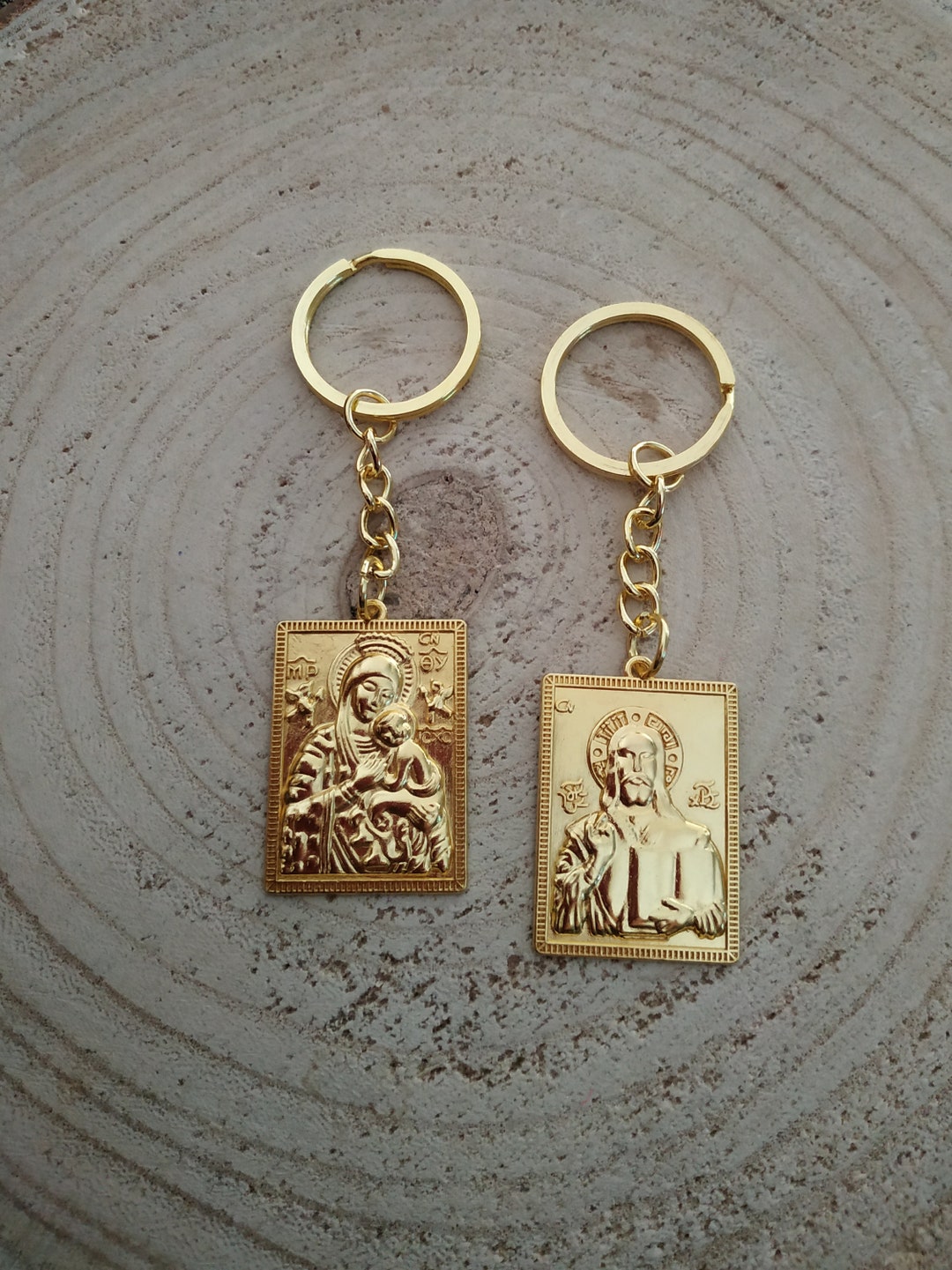 Jesus Golden Keychain, Holy Mother With Child Key Ring, Religious Key ...