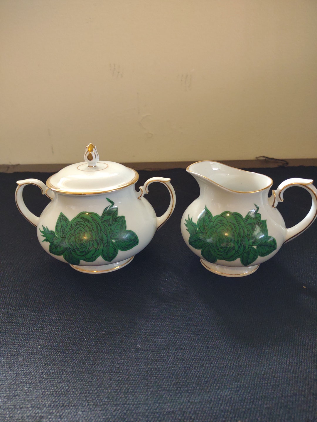 Vtg Koran China Green Rose Cream and Sugar Set Gold Trimmed - Etsy