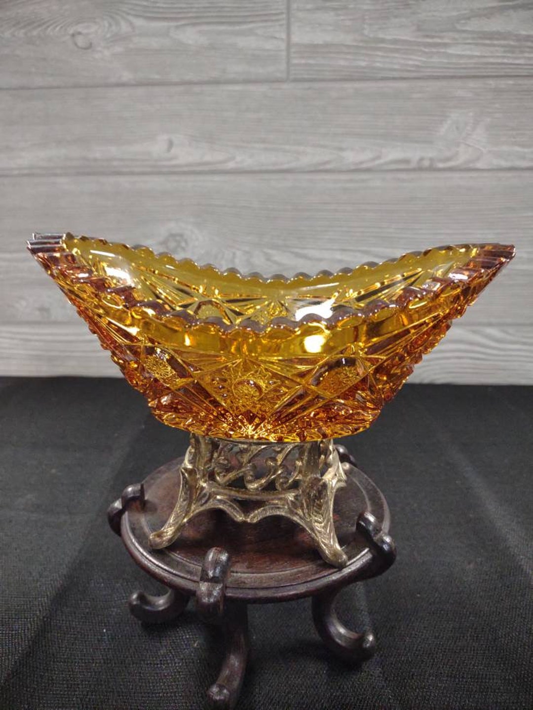 Antique EAPG Hobstar Pattern Oval Amber Sawtooth Edge on Brass Pedestal ...