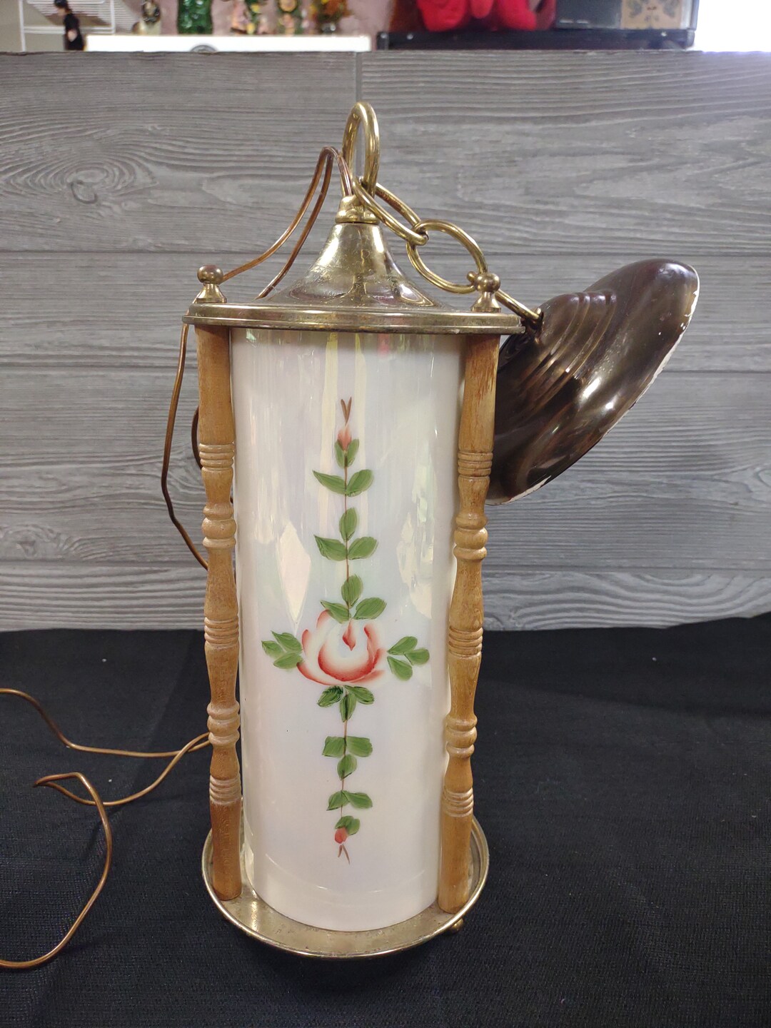 1950s Cylindrical Brass Glass Luster Ware and Wood Handpainted Floral ...