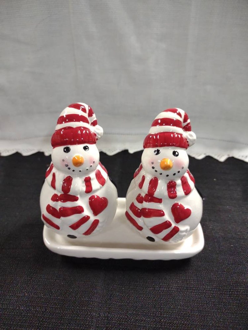 Snowman Salt and Pepper Shakers Set With Tray - Etsy
