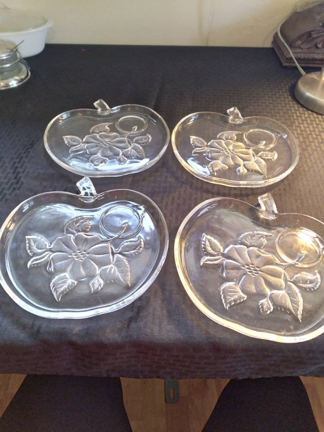 Vintage Mid Century Clear Glass Apple Plates With Springtime Apple ...