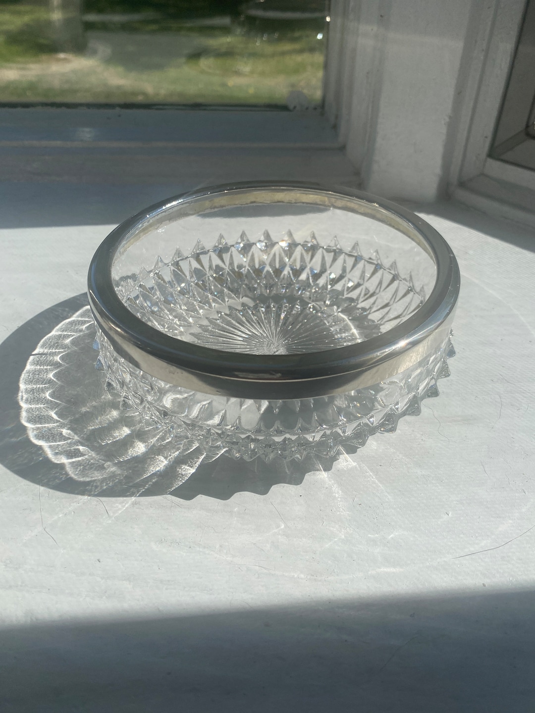 Etched Glass Bowl With Silver Plate Rim Made In England Etsy