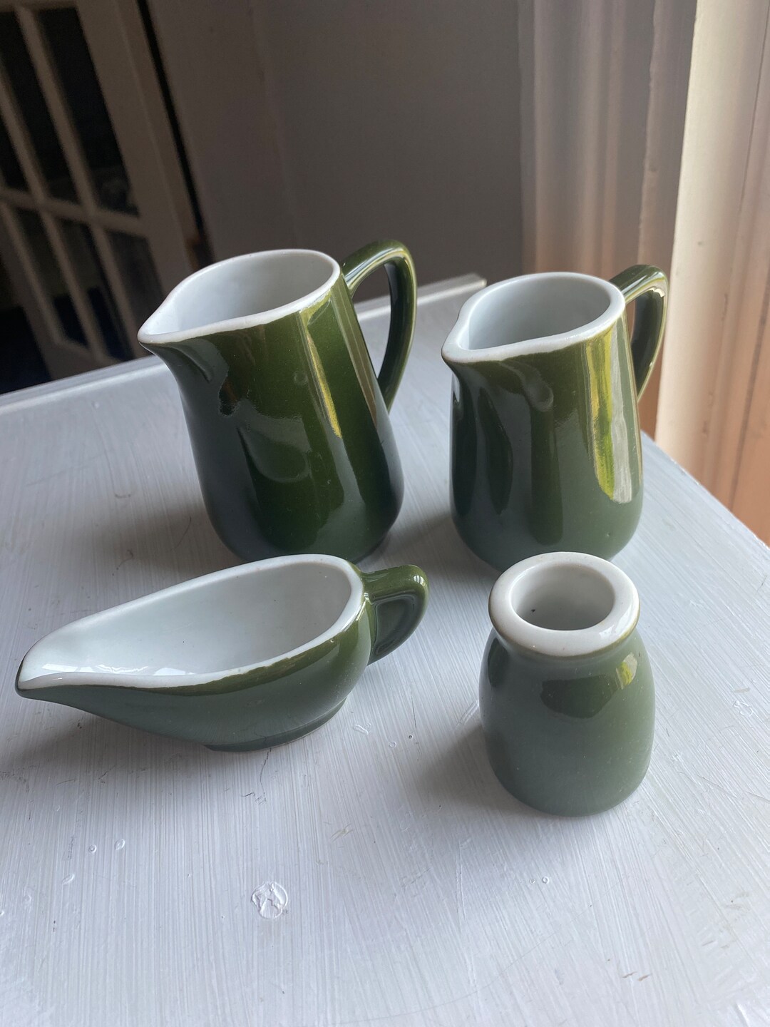 HALL Ceramic Olive Green & White Pitcher-creamer Set of Four - Etsy