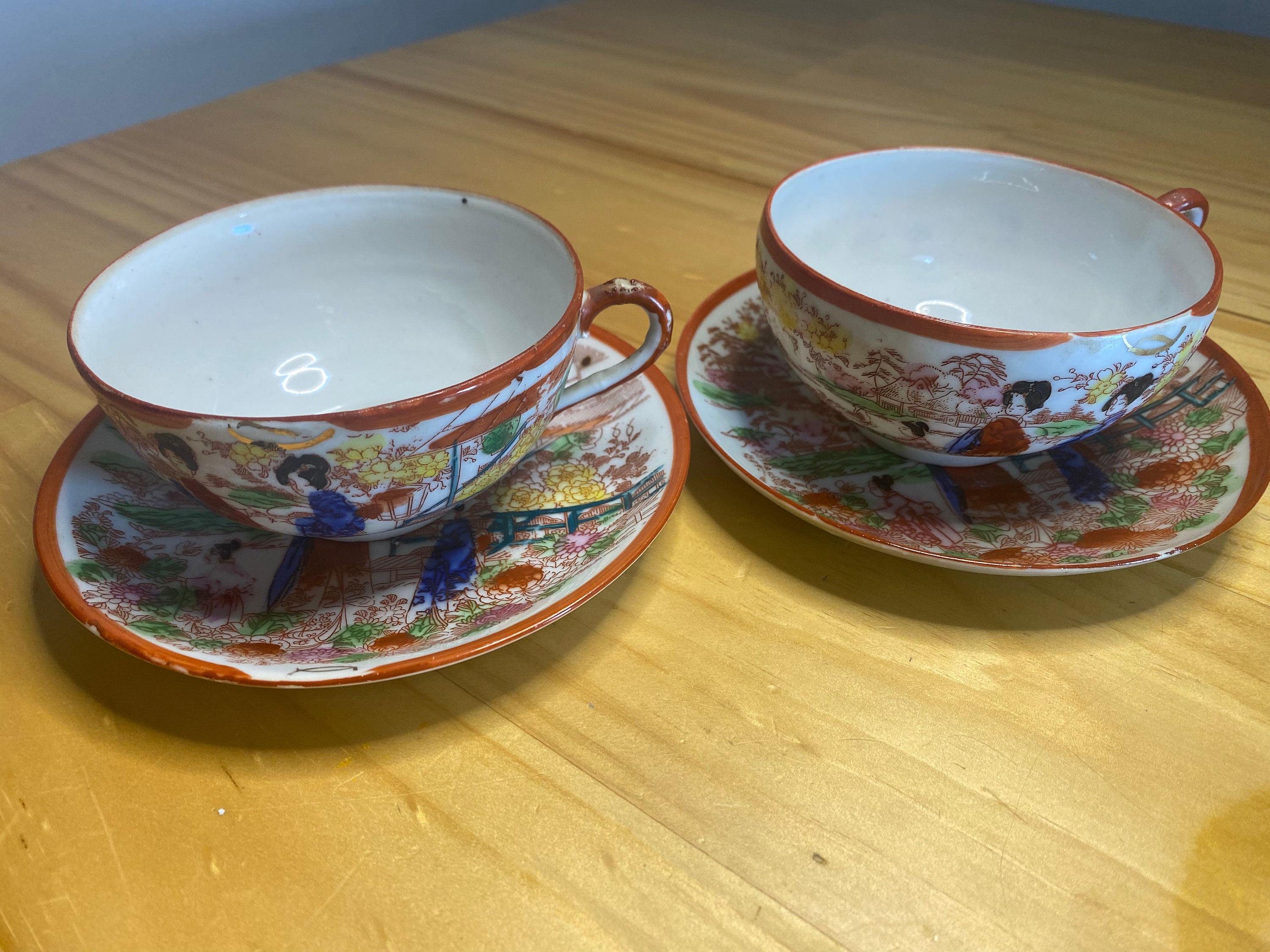 Two Japanese Porcelain Kutani Geisha Girl Tea Cups & Saucers - Etsy